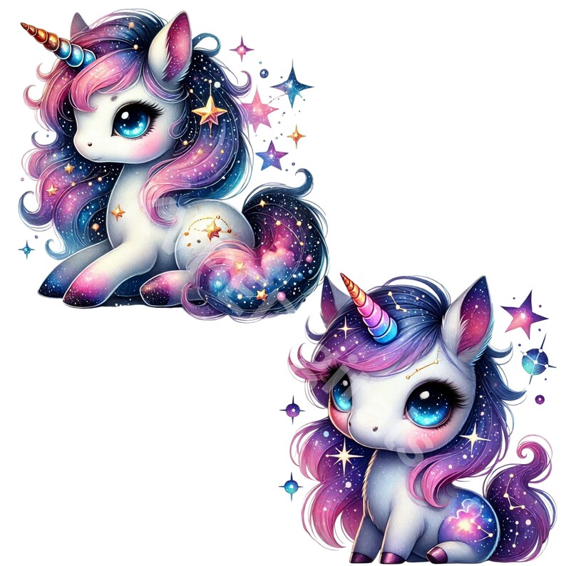 Watercolor Galaxy Unicorn Celestial Cosmic Clipart Bundle, 19 PNG Cute ...
