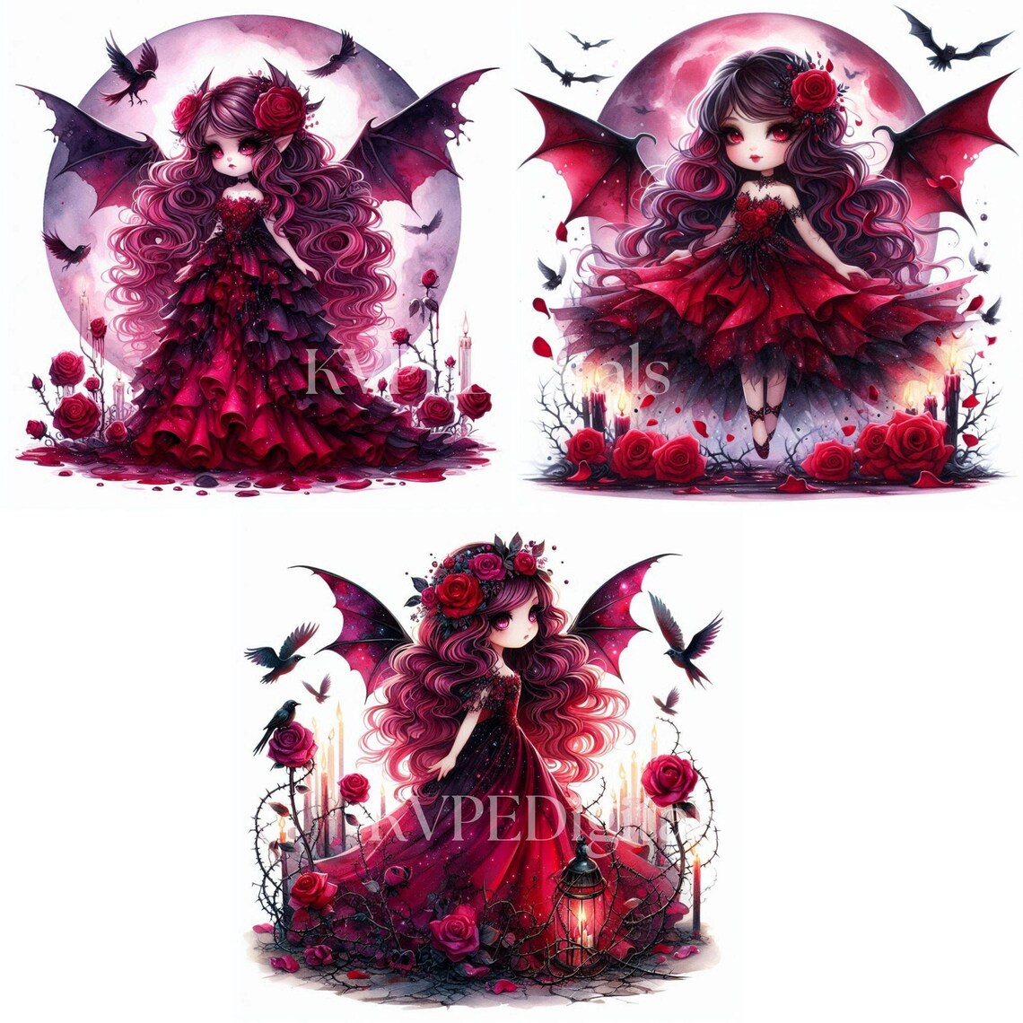 Blood Rose Gothic Fairy Clipart, 12 Jpeg Dark Fantasy Fairy With Petal ...