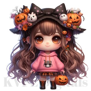 Halloween Chibi Girls Clipart, 18 Cute PNG Spooky Printables, Trick or ...