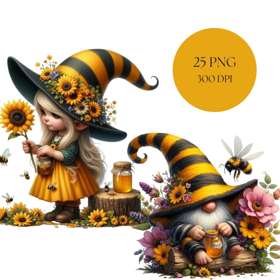 Bee Gnome Watercolor Honeybee Clipart Bundle, 25 PNG Cute Honeybee ...