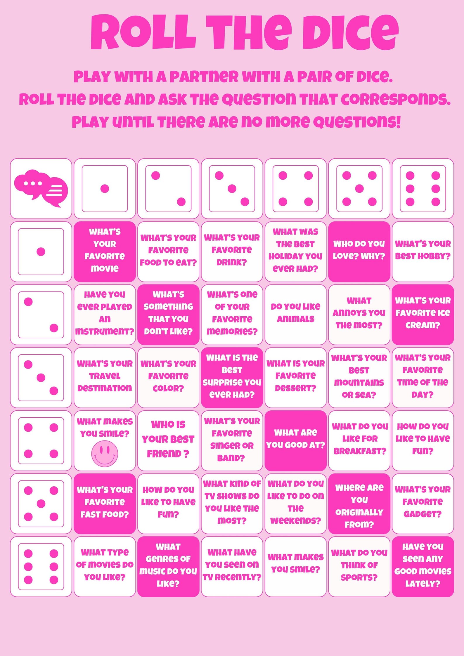 Printable - Roll the Dice Game for You and Your Partner - A Game to Get ...