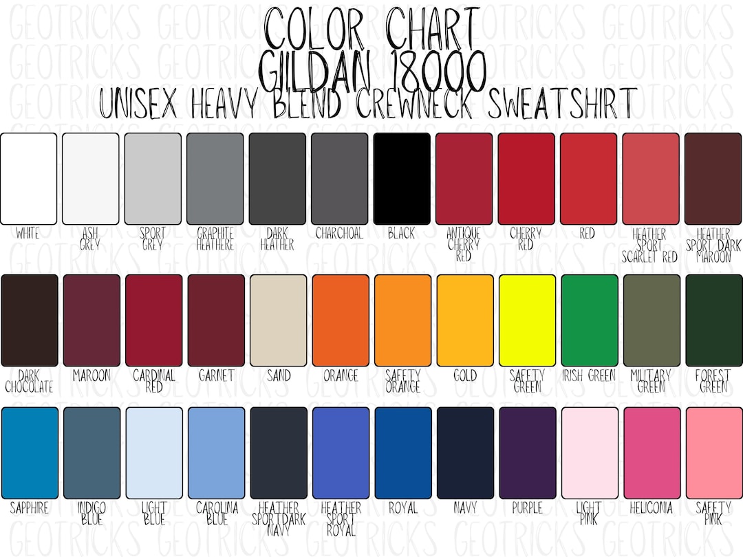 Gildan 18000 Color Chart Color Chart for Gildan White Background Gildan ...
