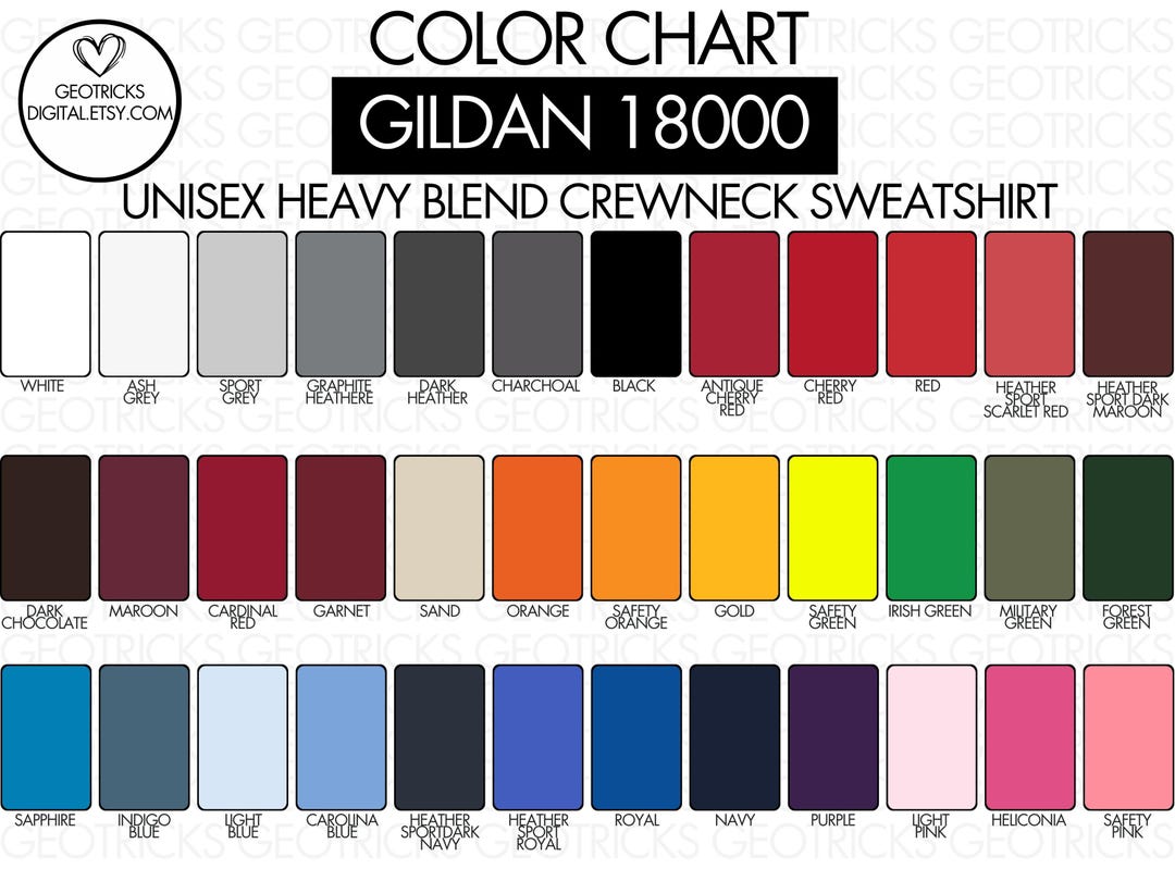 Gildan 18000 Color Chart | Color Chart for Gildan | White Background ...