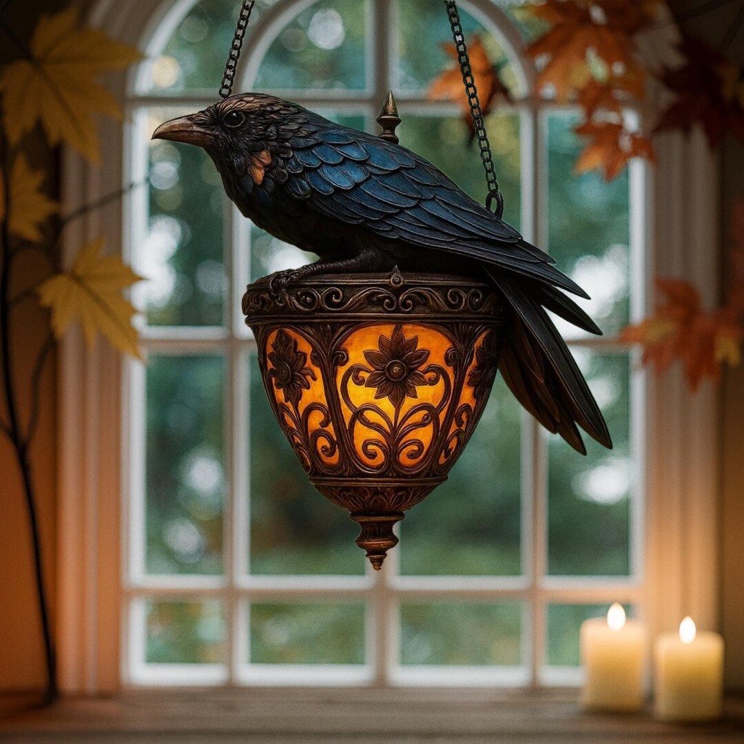 Raven Gothic on Lantern Acrylic Suncatcher, Faux Stained Glass ...