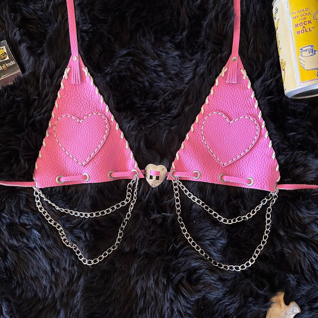 Handmade Leather Halter Top Pink Heart White Chain Concho - Sturgis ...