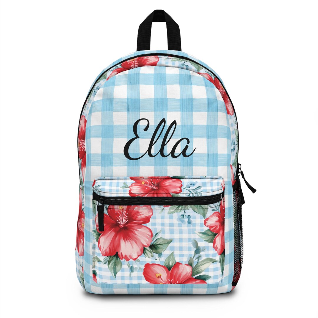 Hibiscus Backpack With Name Custom Gingham Bookbag Tropical Vacation ...