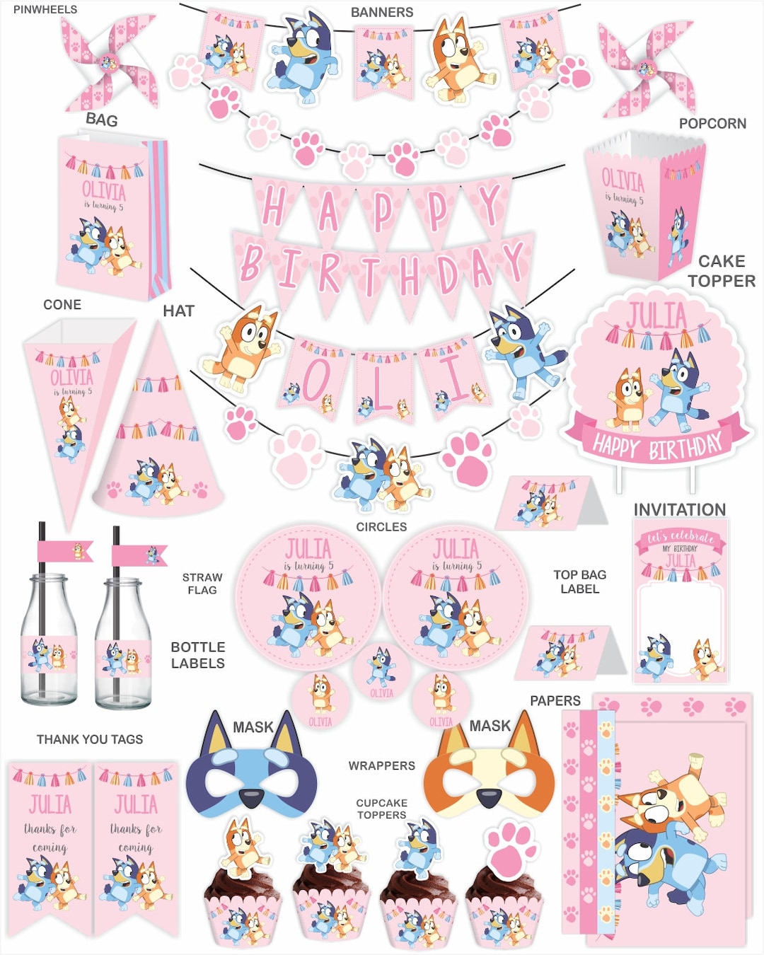 Bluey Pink Colors Printable Birthday Party Decoration - Etsy Canada