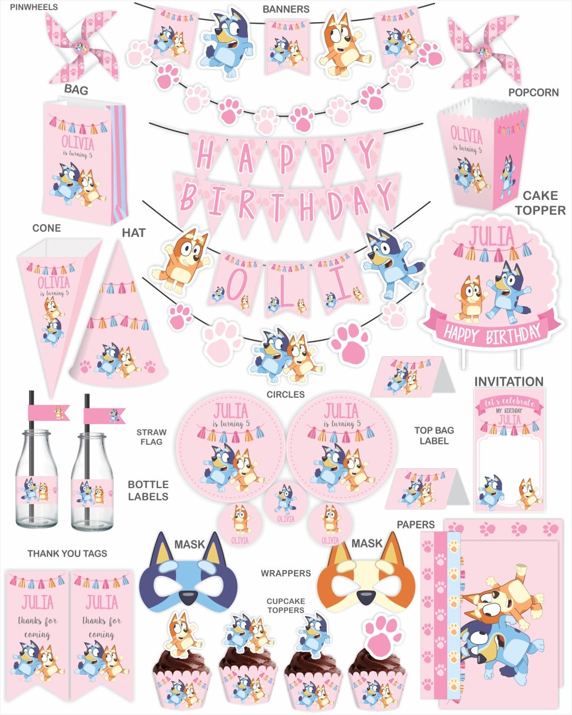 Bluey Pink Colors Printable Birthday Party Decoration - Etsy Canada