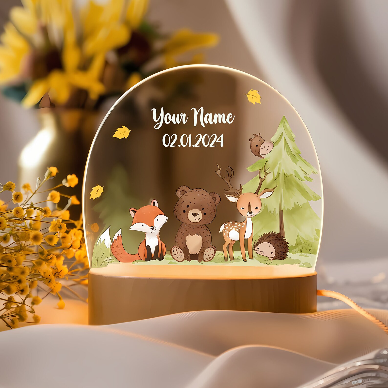 Custom Woodland Animals Night Light Handmade, Baby Gift Birth, Night ...
