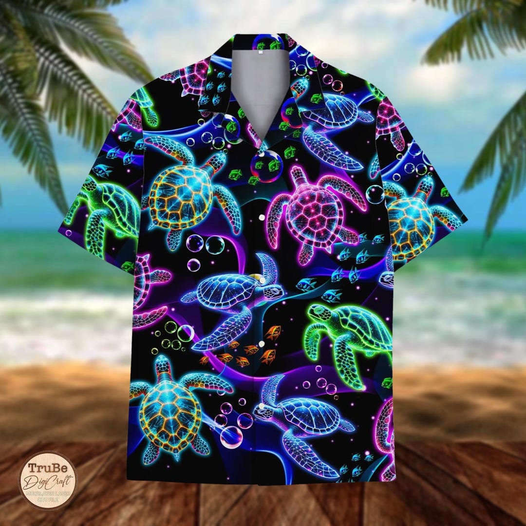 Neon Sea Turtle Hawaiian Shirt: Aloha Summer Beach Button-down - Etsy