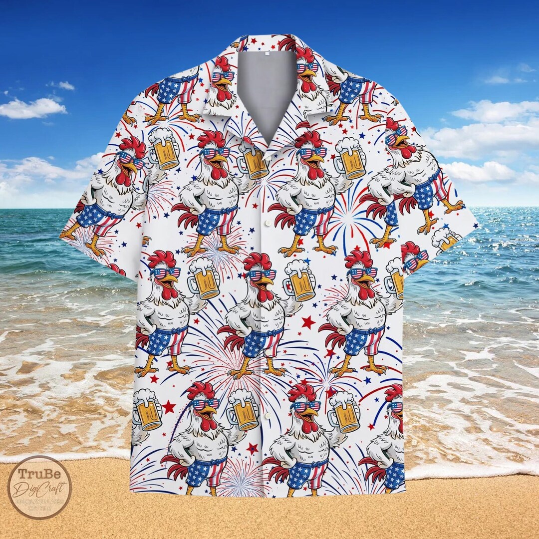Patriotic Rooster Aloha Shirt: 4th of July Hawaiian Button-down - Etsy