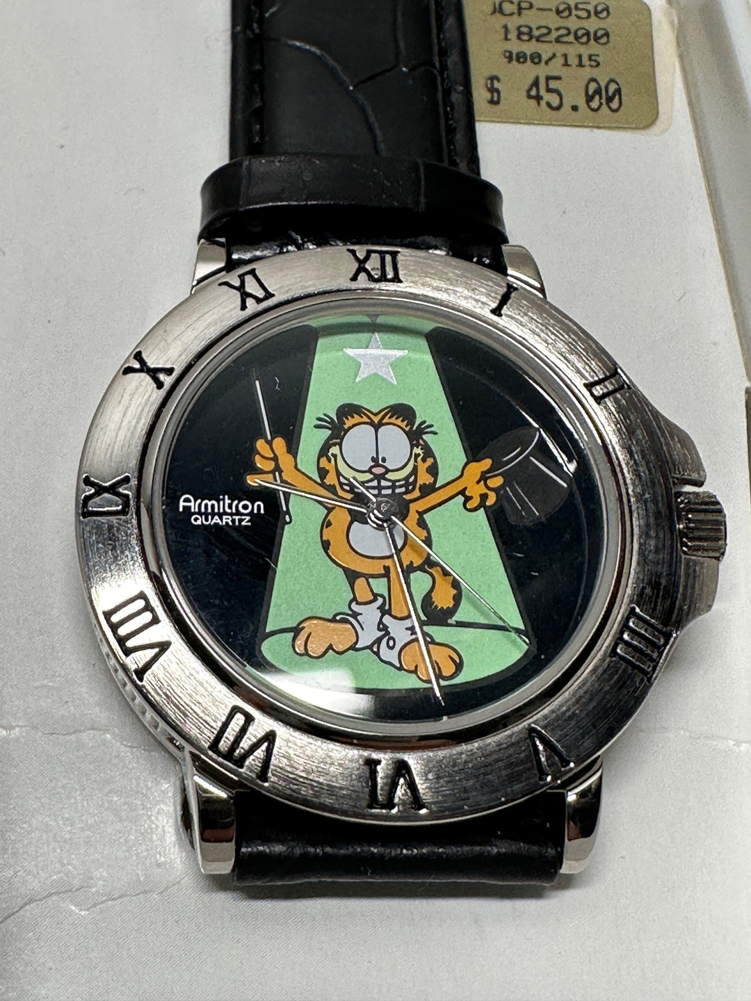 Vintage Garfield Armitron Black Leather Watch W/ Garfield in Spotlight ...