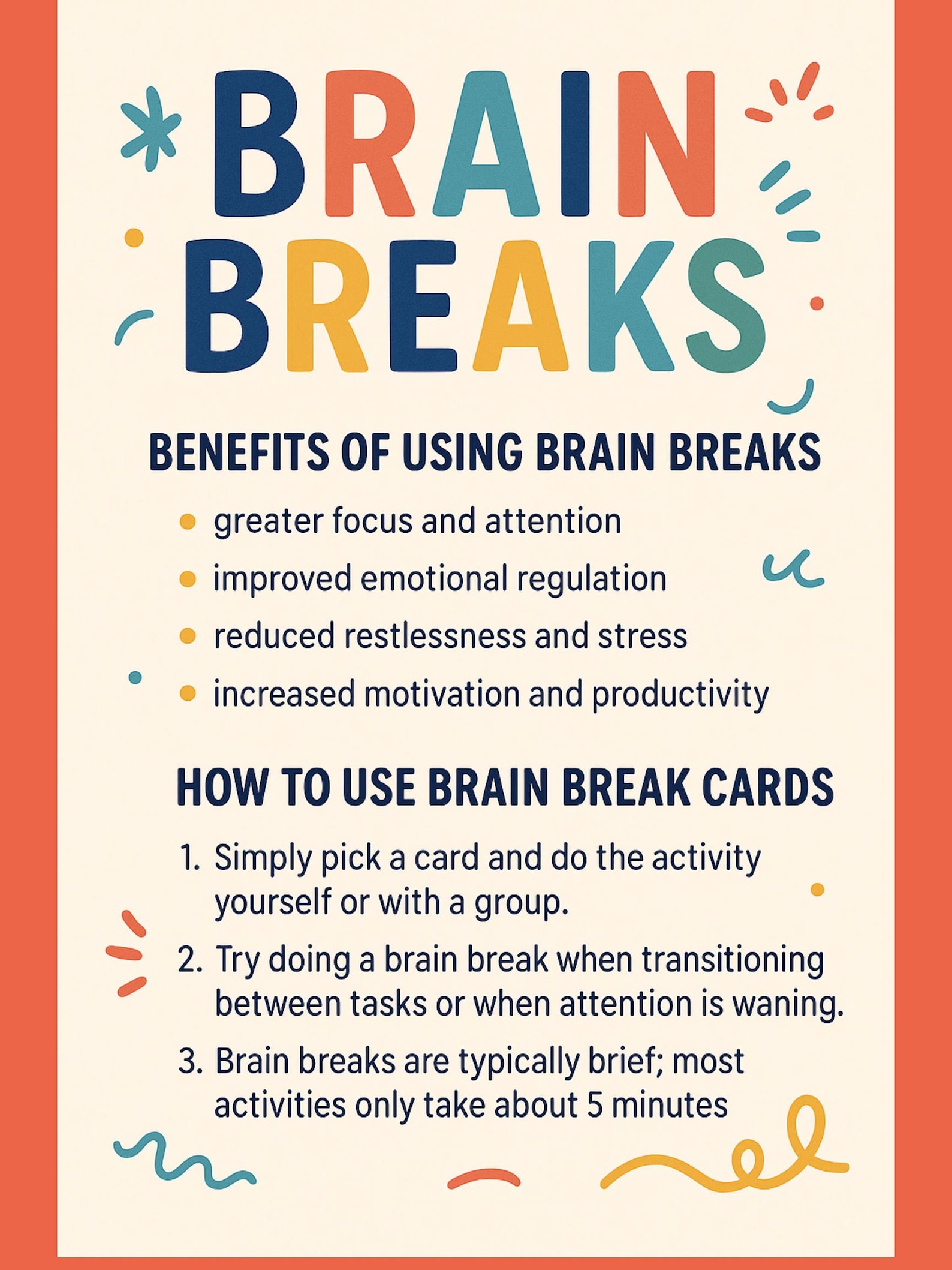 Brain Breaks Poster & Cards: Classroom Counseling Mindfulness ...