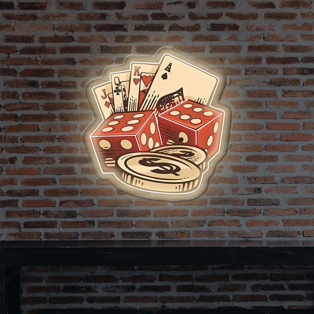 Poker Cards, Dice and Gold Coins Neon Sign, Playing Cards LED Light ...