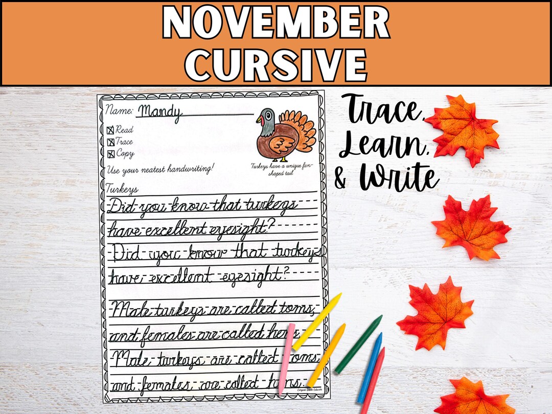 November Cursive Handwriting Practice for Kids Printable Cursive ...