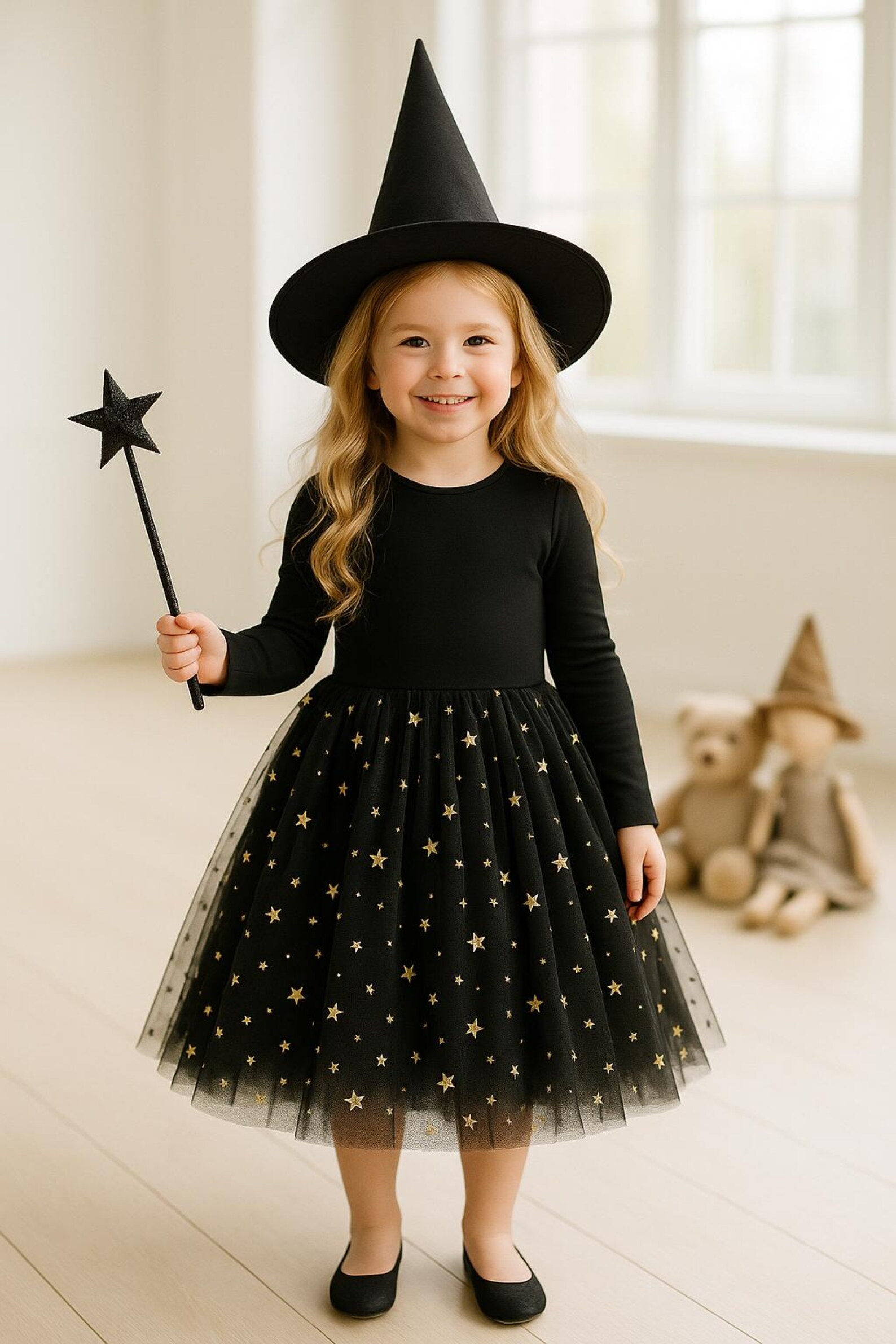 Black Starry Girls Witch Halloween Costume Dress, Kids Halloween Dress ...