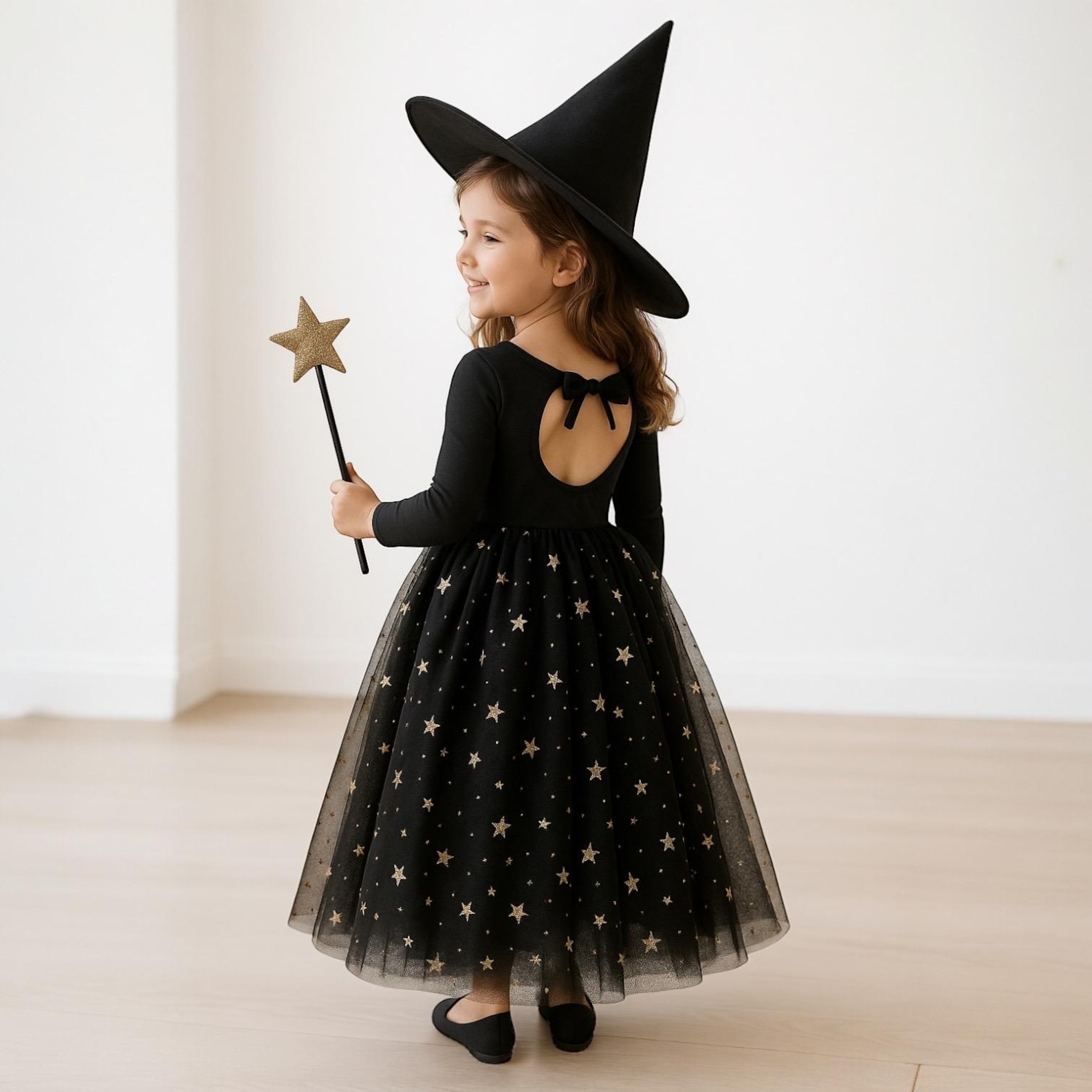 Black Starry Girls Witch Halloween Costume Dress, Kids Halloween Dress ...