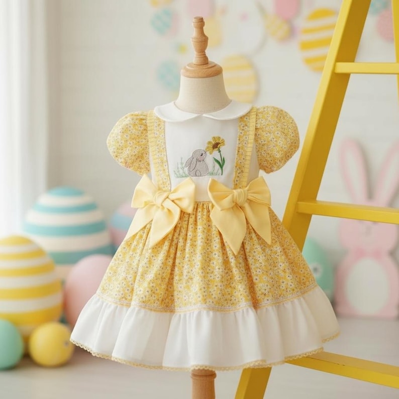 Bunny Embroidered Yellow Daisy Vintage Baby Girl Easter Dress, Toddler ...