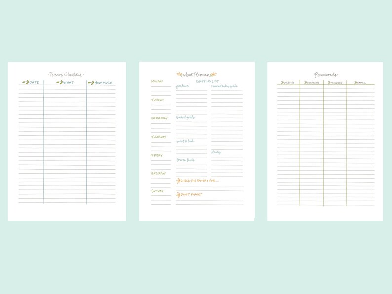 Printable Home Organization Sheets: Handwritten Meal Planner & 2 Other ...