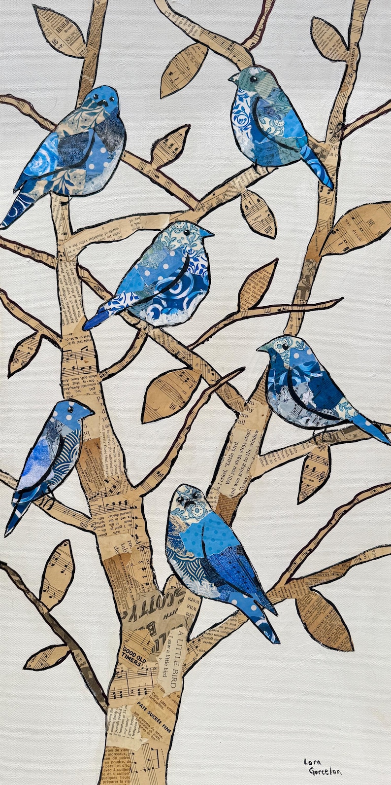 Fine Art Canvas Reproduction Print, Blue Birds in Tree Collage, 15x30 ...