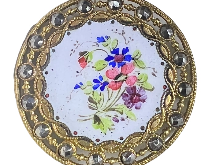 Button - Antique, Pierced Enamel, Pictorial, Flowers, Cut Steel Border ...
