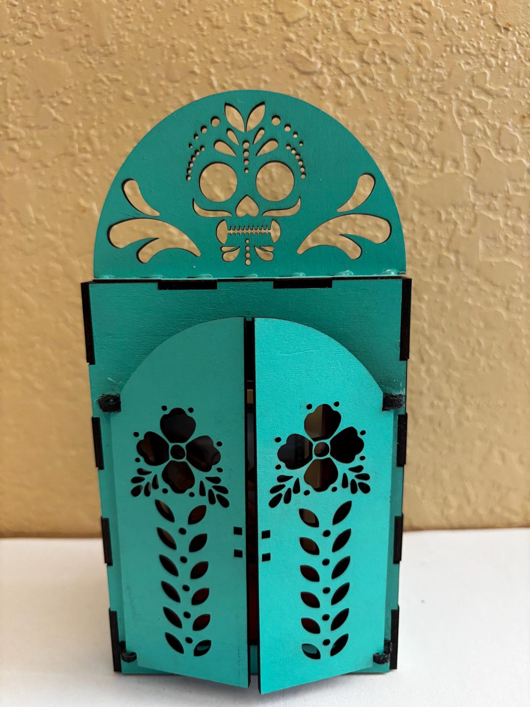 Handcrafted Aqua Mini Altar – Laser-cut Wooden Shrine With Calavera ...