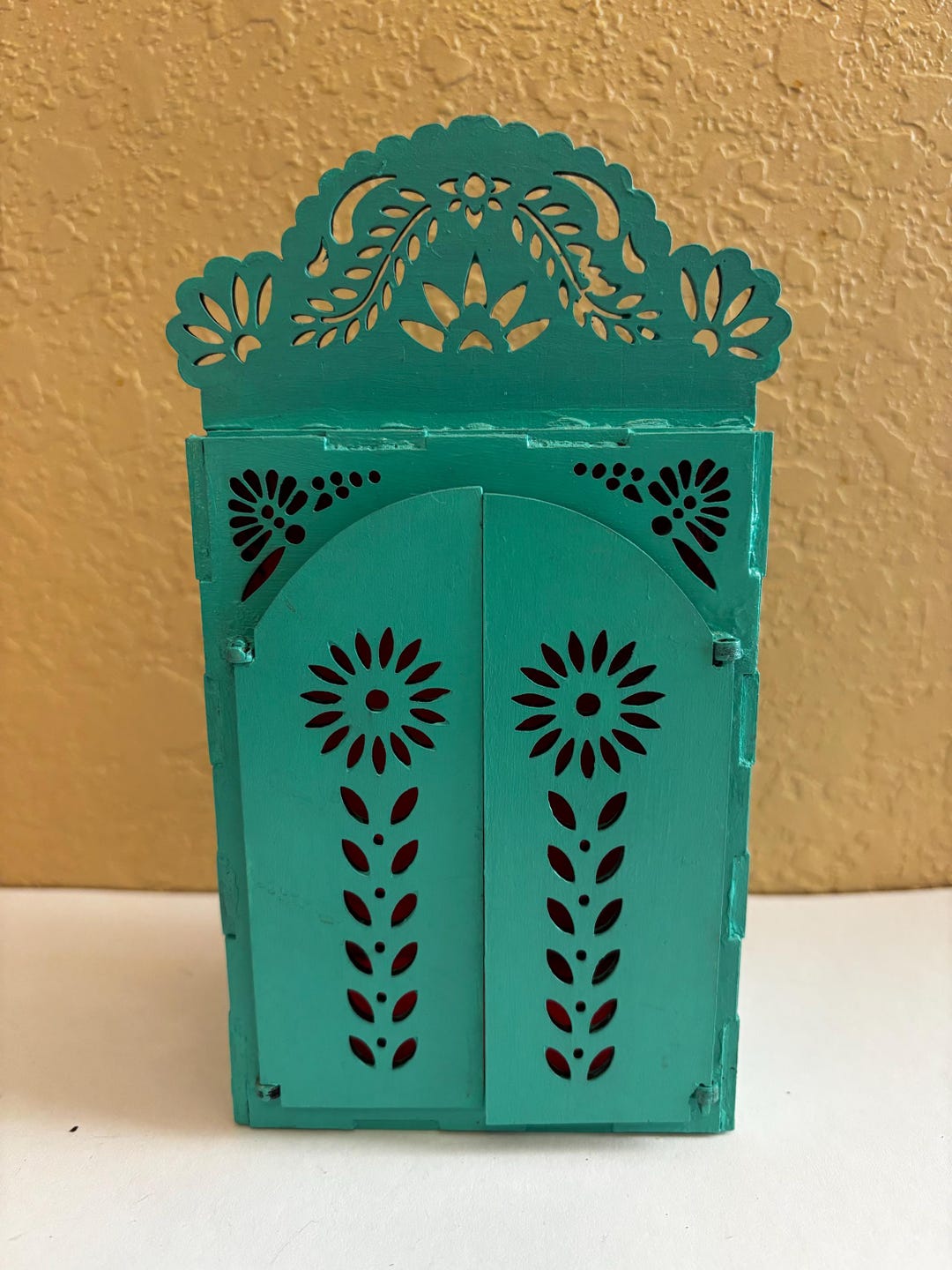Handcrafted Aqua Mini Altar – Laser-cut Wooden Shrine With Floral Motif ...