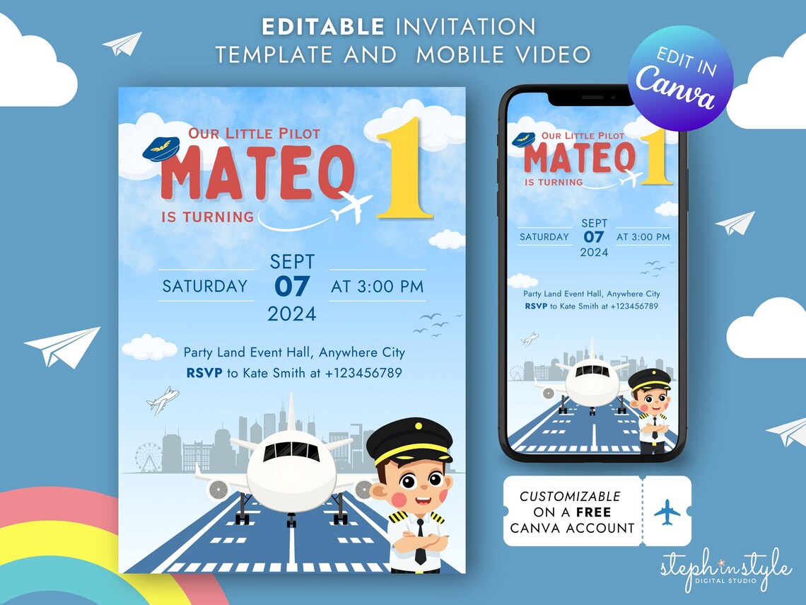 Editable Little Pilot Birthday Invitation Template | Airplane Theme ...