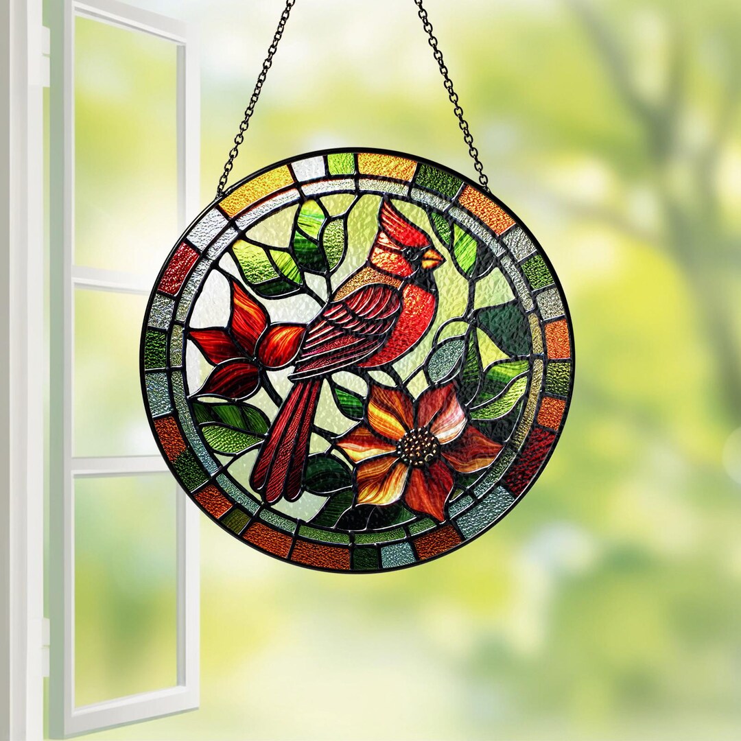 Red Cardinal Stained Glass Suncatcher, Sympathy Stained Glass, Cardial ...