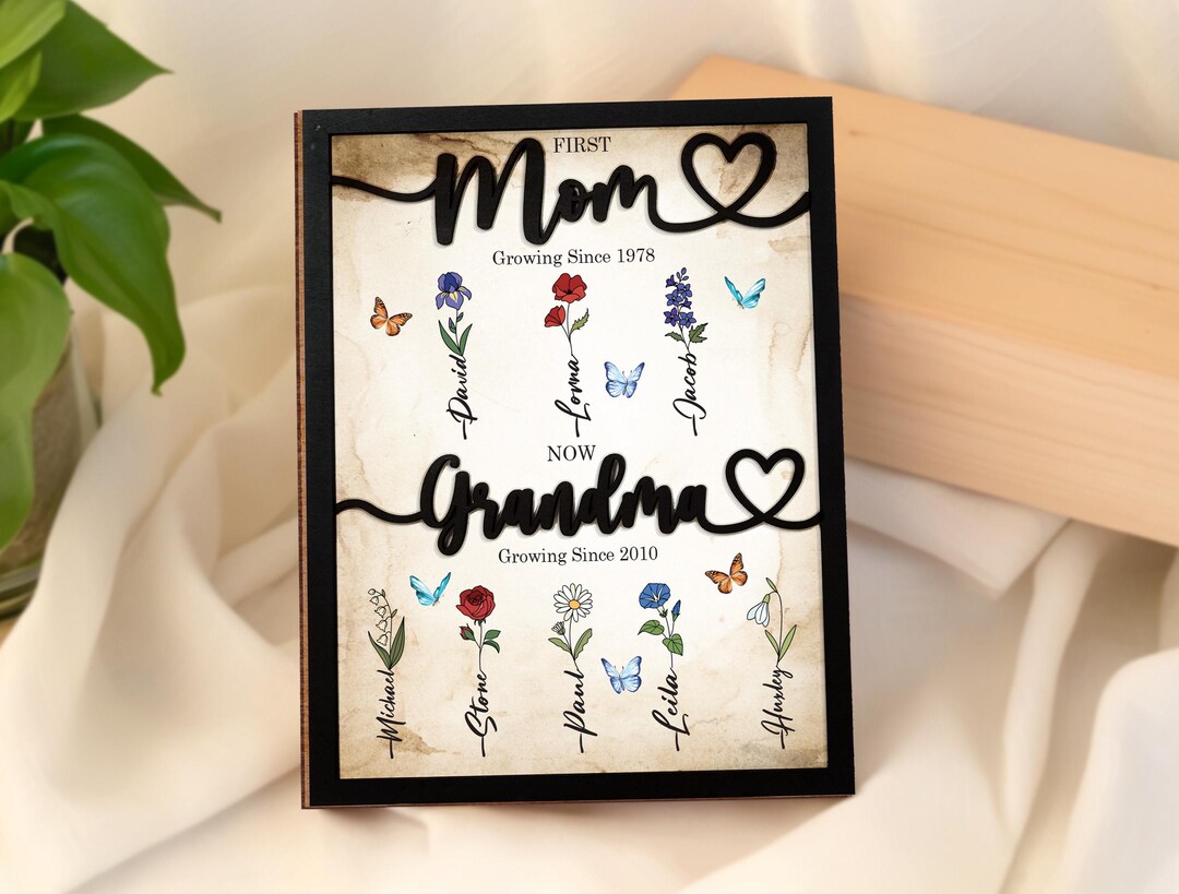 First Mom Now Grandma Sign, Personalized Birth Month Flower Sign ...