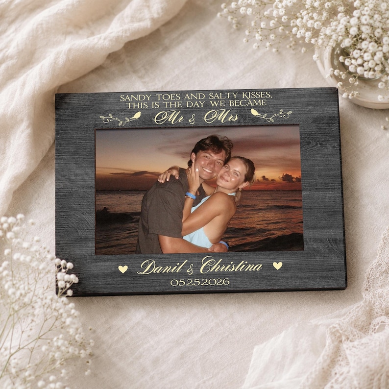 Personalized Beach Wedding Photo Frame, Engraved Mr & Mrs Picture Frame ...