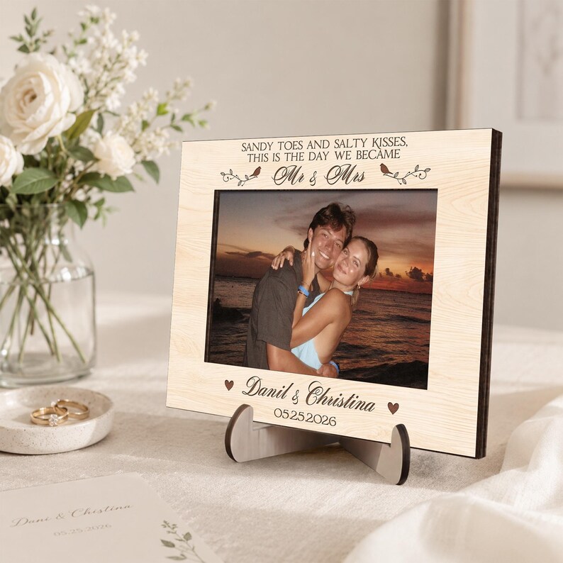 Personalized Beach Wedding Photo Frame, Engraved Mr & Mrs Picture Frame ...