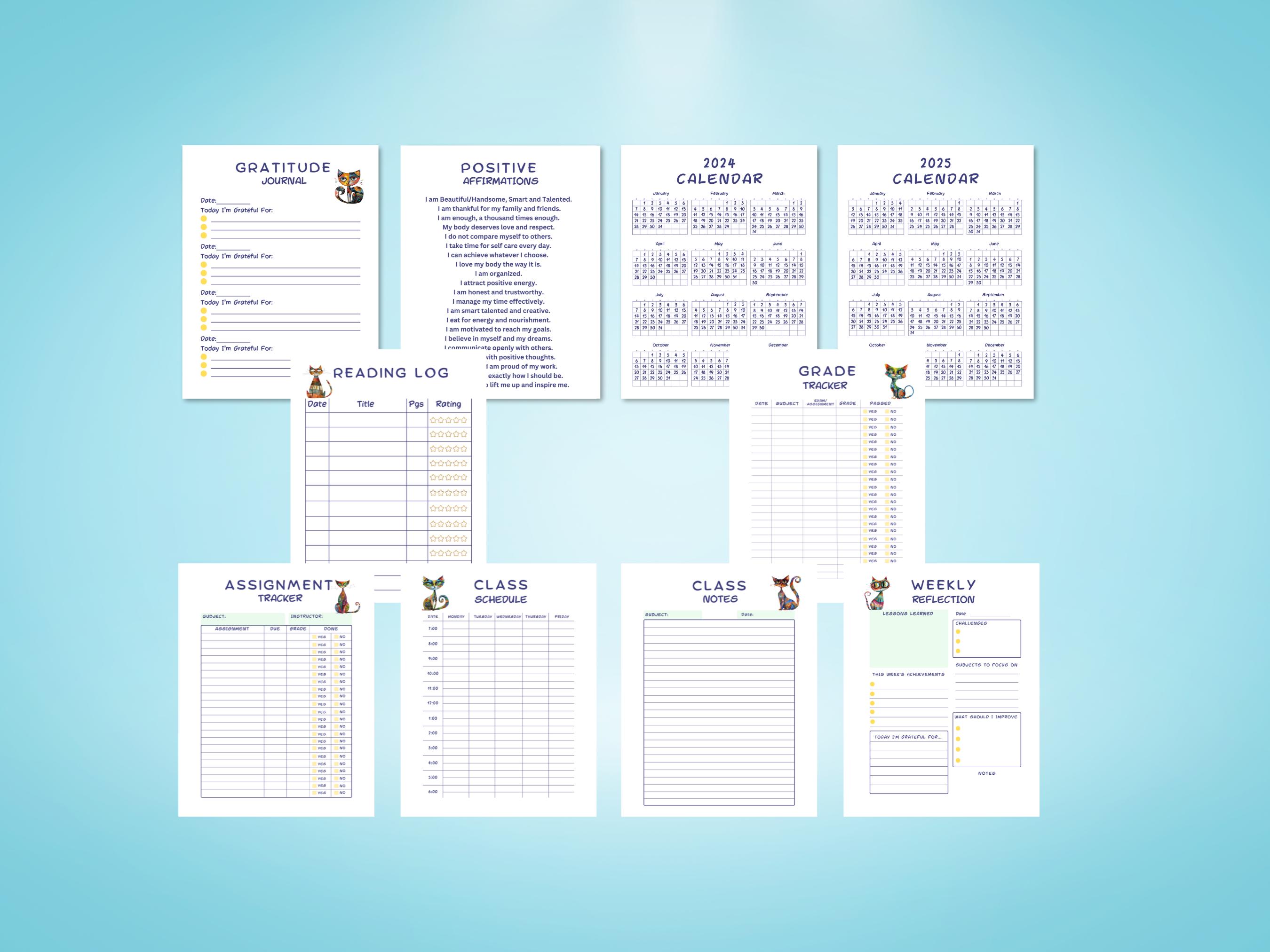 Printable Student Planner Set With Quirky Cat Design - 4 Sizes Included ...