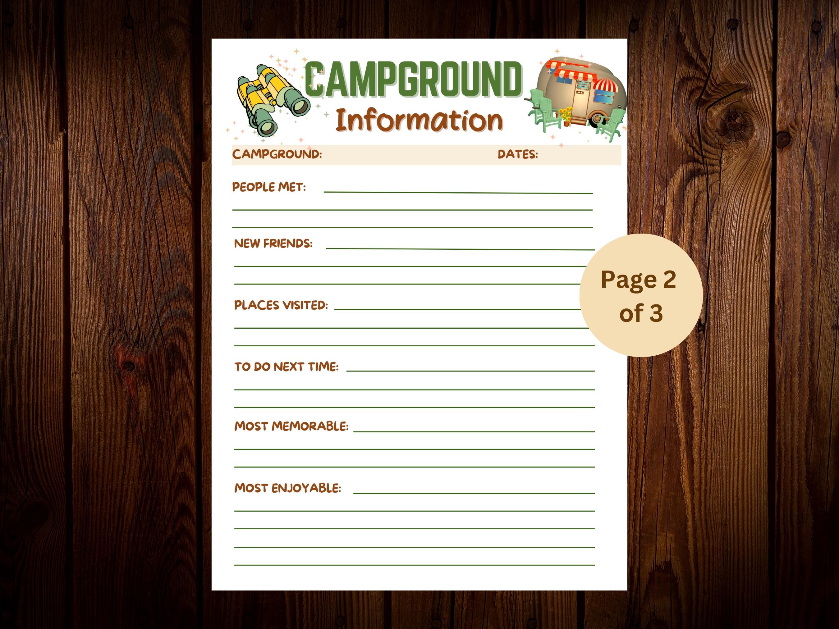 Campground Information Log | Printable Campground Record | Camping ...