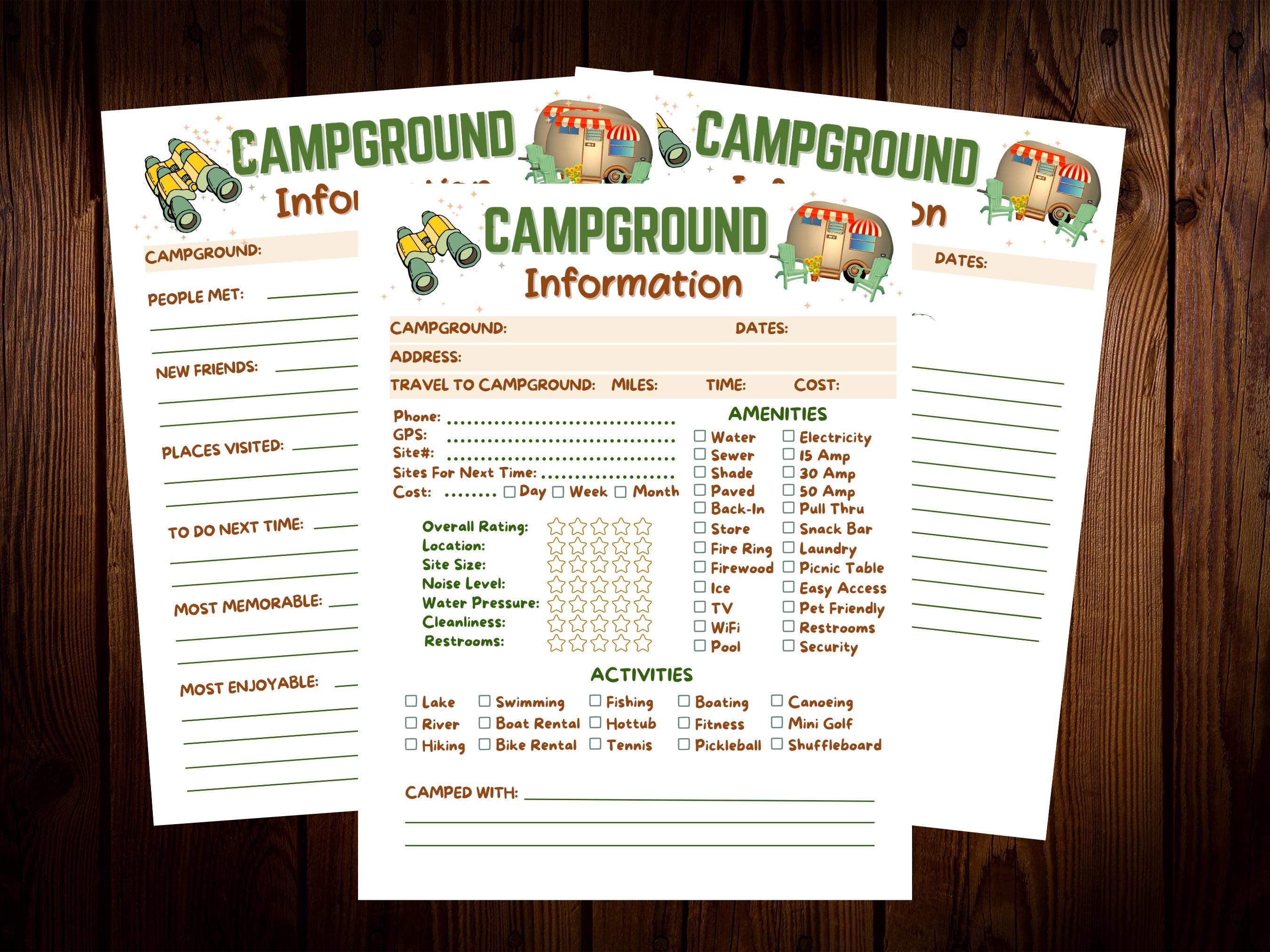 Campground Information Log | Printable Campground Record | Camping Planner | Instant Download - Etsy