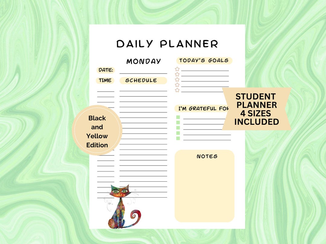 Printable Student Planner Set With Boho Cat Design - Black and Yellow ...