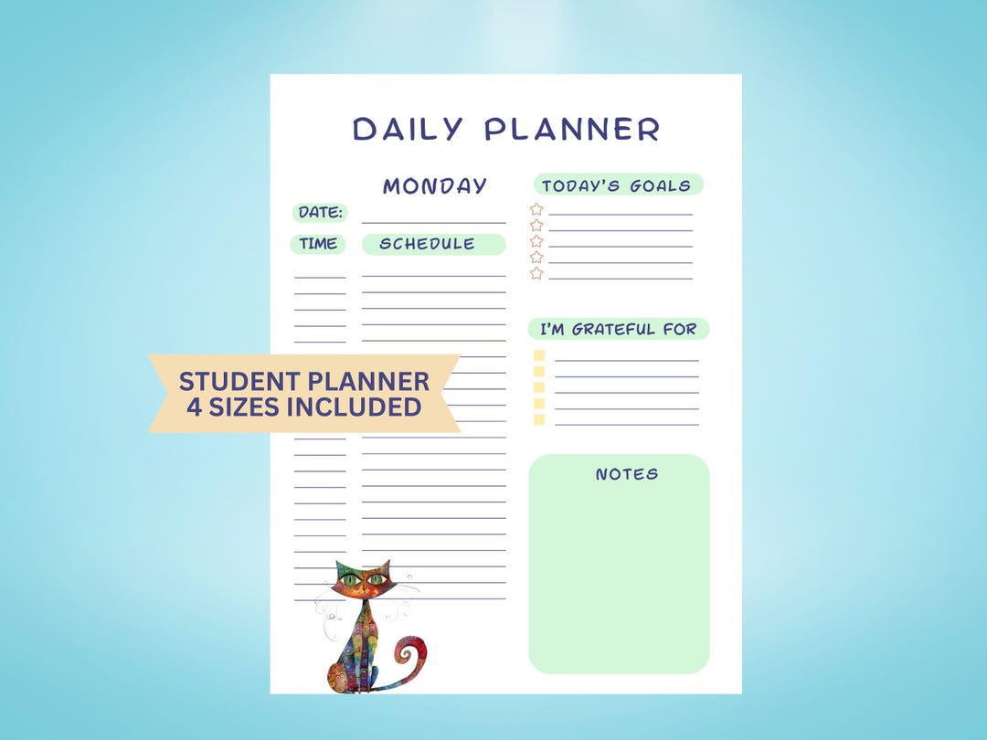 Printable Student Planner Set With Quirky Cat Design - 4 Sizes Included ...