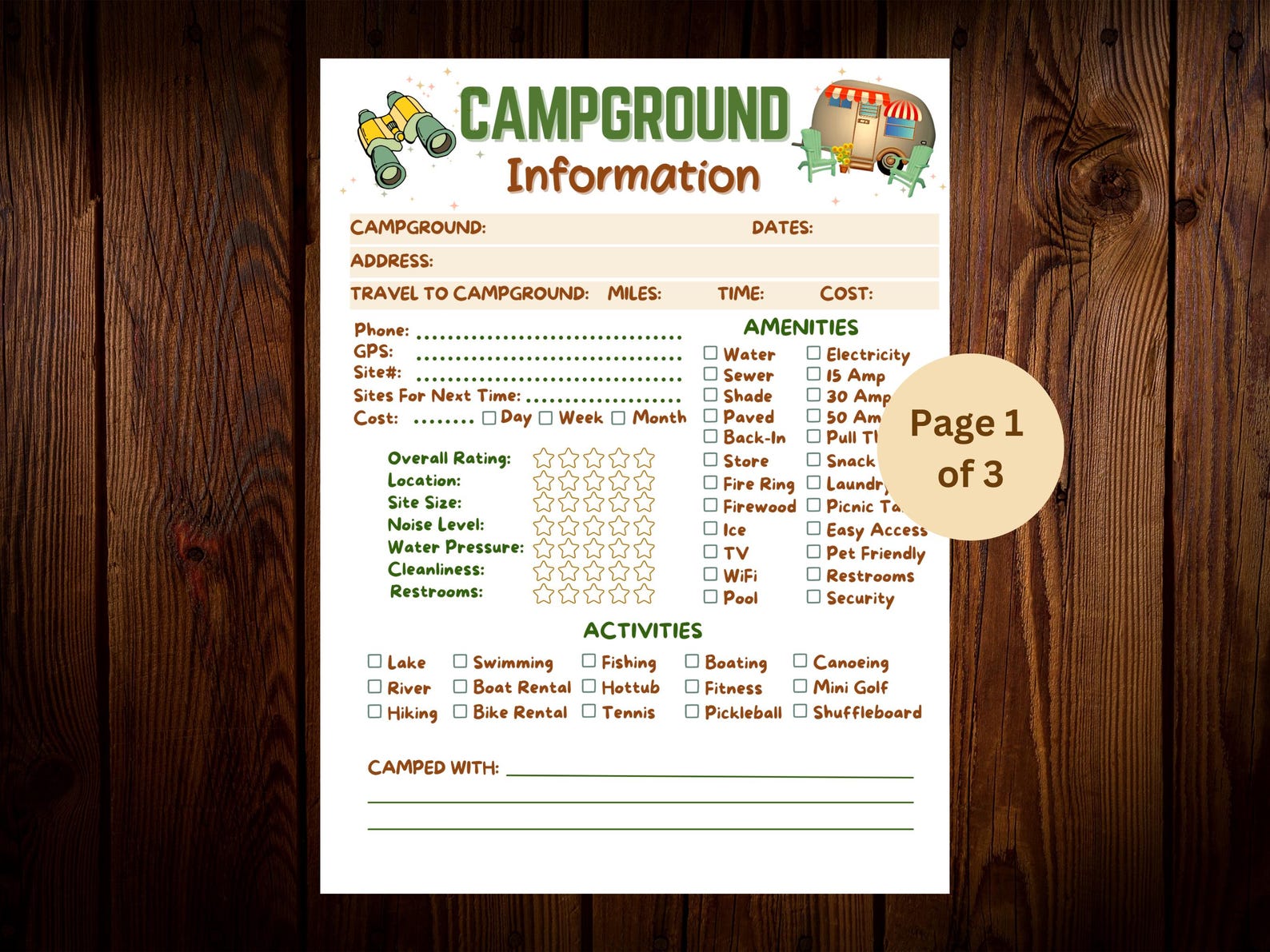 Campground Information Log | Printable Campground Record | Camping ...