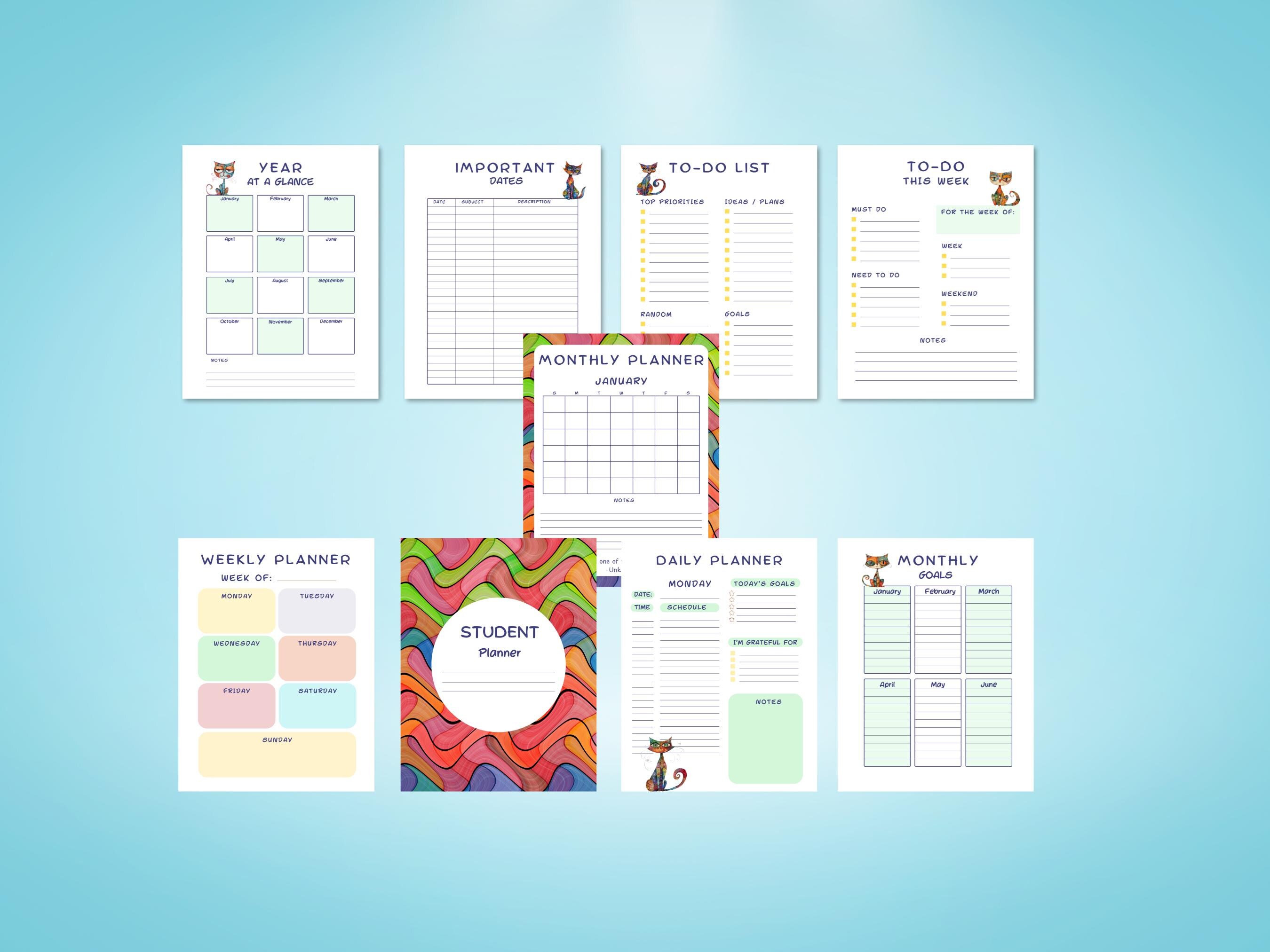 Printable Student Planner Set With Quirky Cat Design - 4 Sizes Included ...