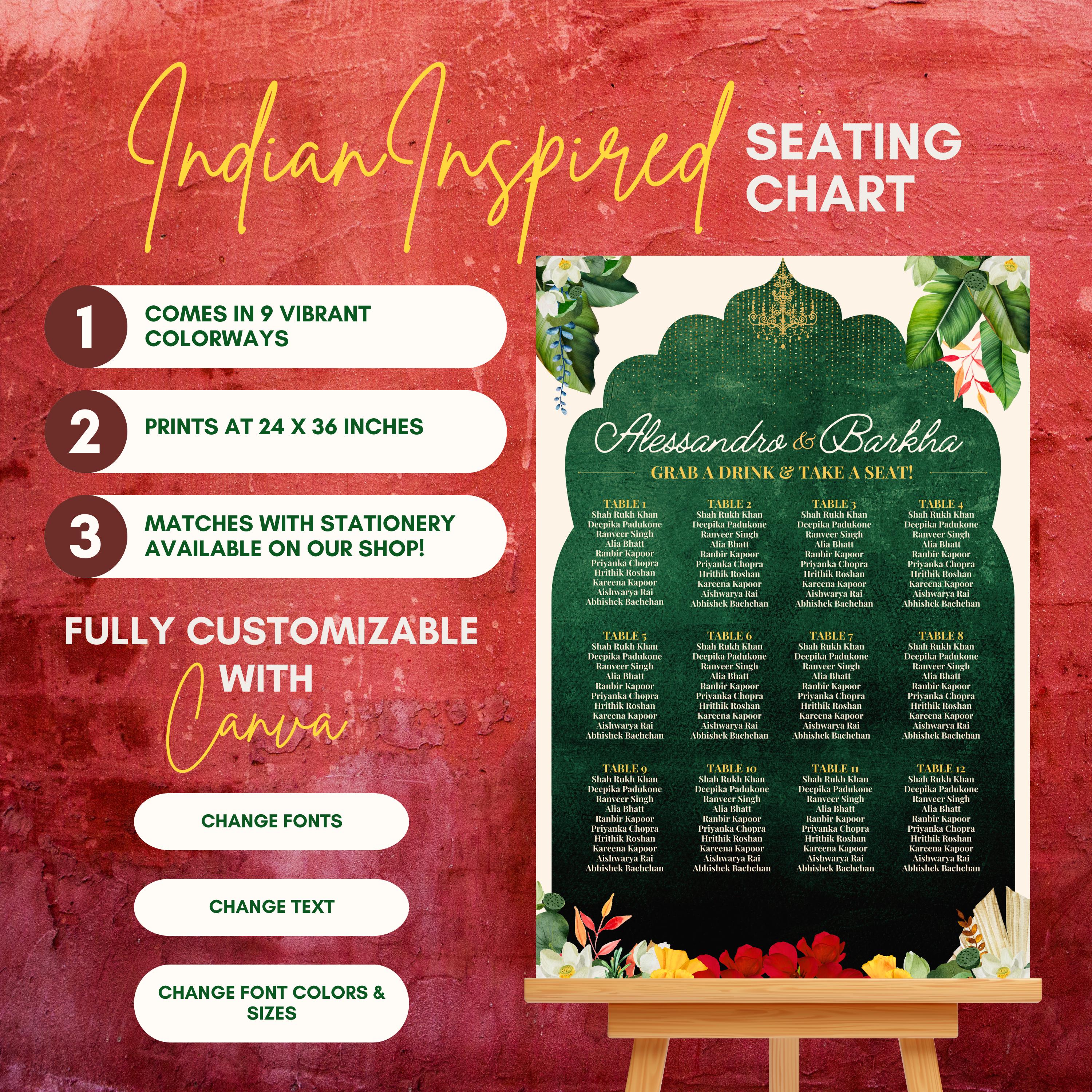 Editable Indian Wedding Seating Chart 9 Color Pack | Elegant South ...