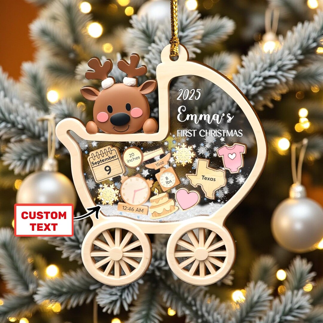 Personalized Baby's First Christmas Ornament 2025, Reindeer Pram Shaker ...