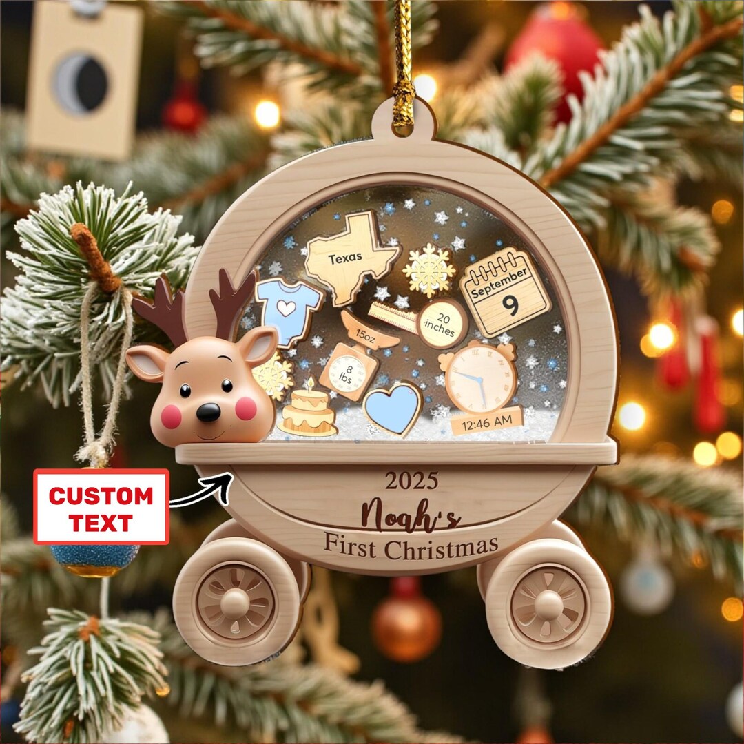 Personalized Baby's First Christmas Ornament 2025, Reindeer Pram Shaker ...