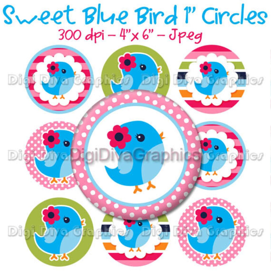 Sweet Blue Bird Bottle Cap Images 1 Inch Circles Digital JPG - Etsy