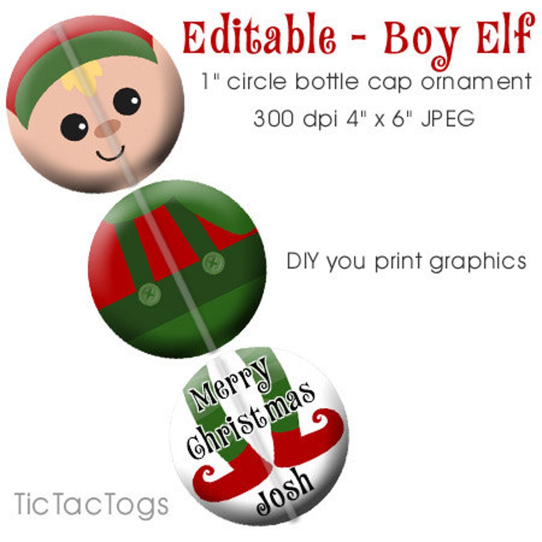 Editable Boy Elf Ornament Bottle Cap Collage Digital Set 1 Inch Circle ...
