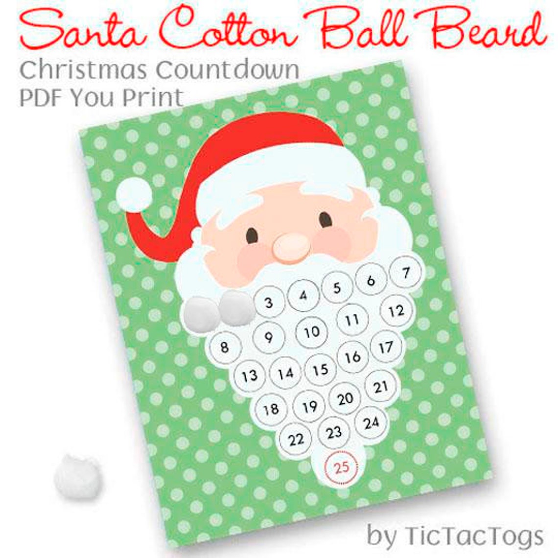 Santa Christmas Countdown Advent Calendar Cotton Ball Beard - Etsy