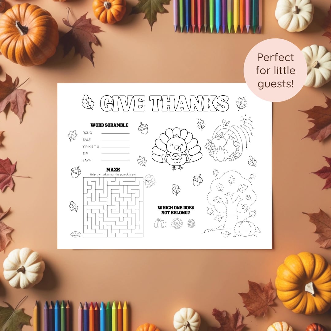 Thanksgiving Coloring Activity Mat for Kids, Printable Holiday ...