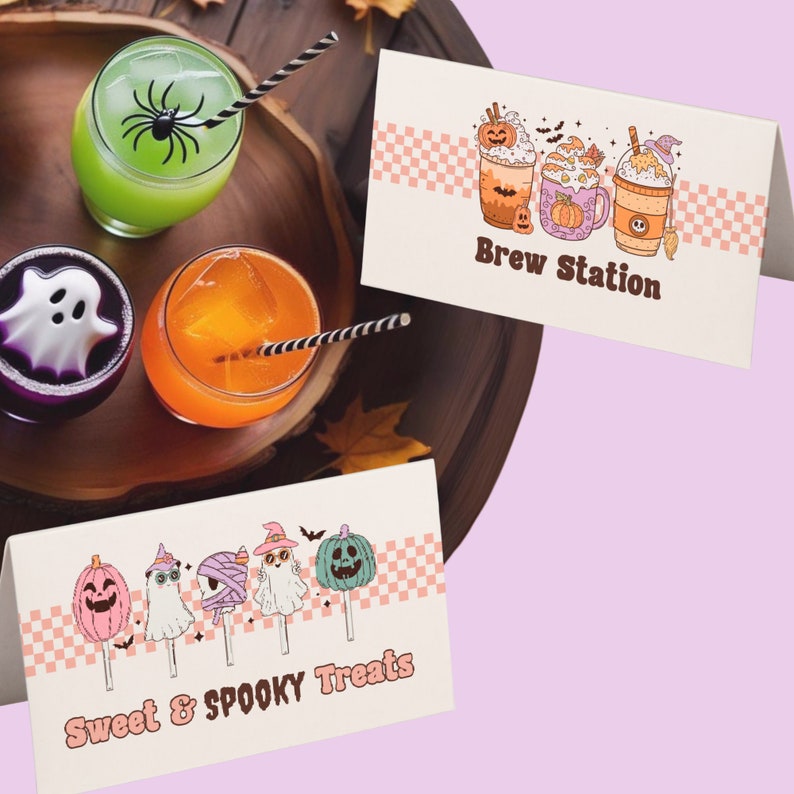 Cute Ghost Baby Shower Food Label Retro Halloween Drink Tent Cards ...