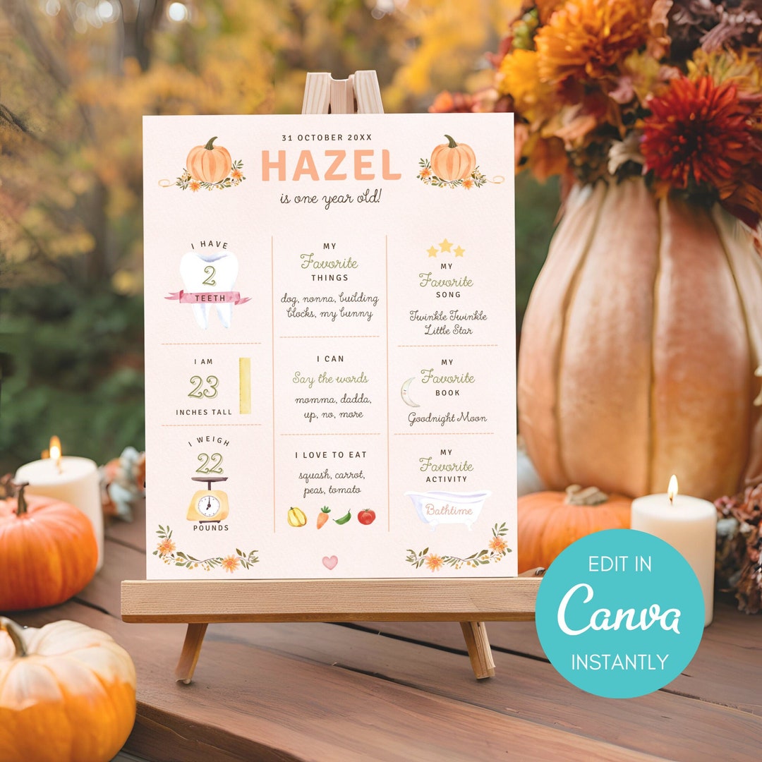 Fall Pumpkin First Birthday Milestone Chart Printable (editable Canva ...
