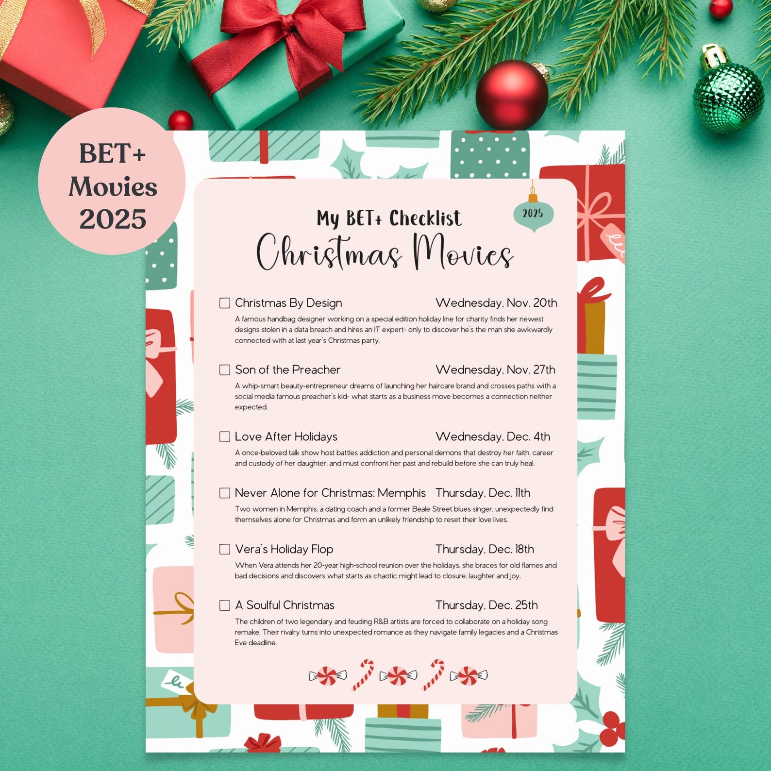 BET+ Christmas Movie Checklist | Holiday Movie Tracker Printable ...
