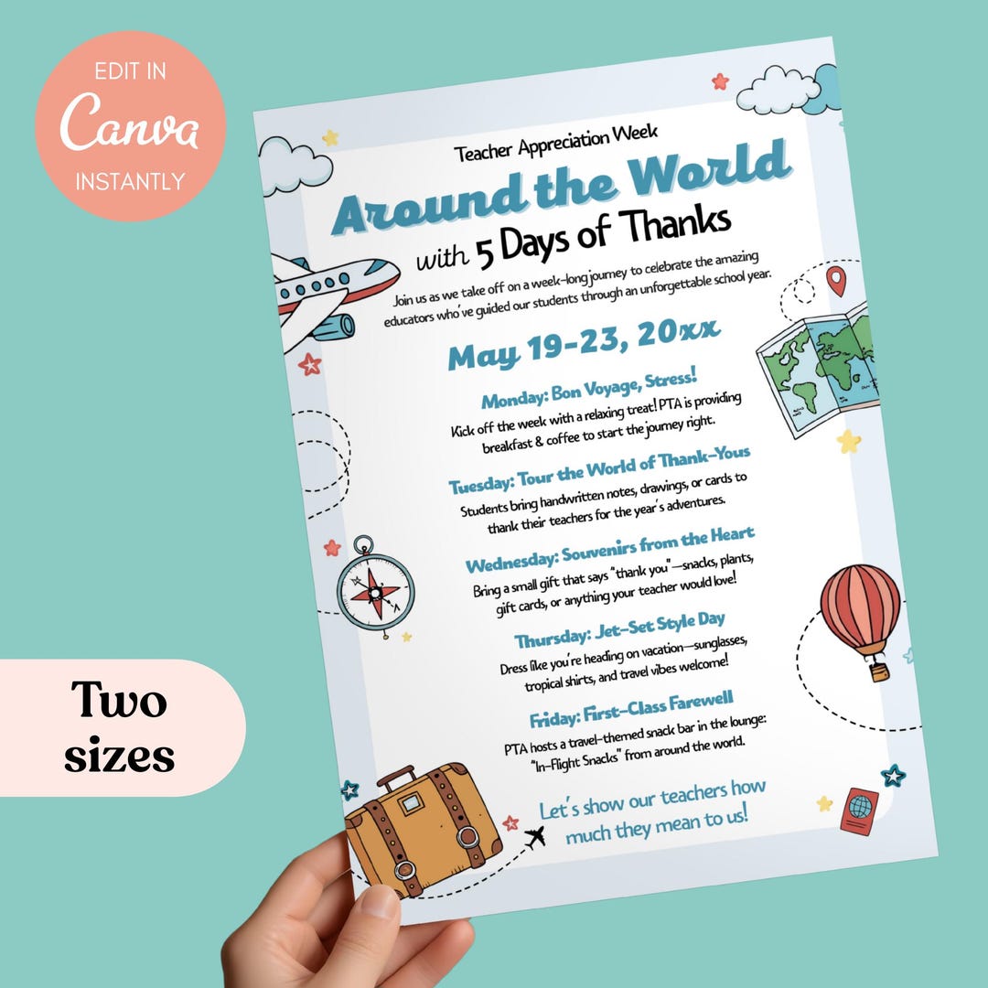Teacher Appreciation Travel Flyer: Editable Itinerary, PTA Event (canva ...